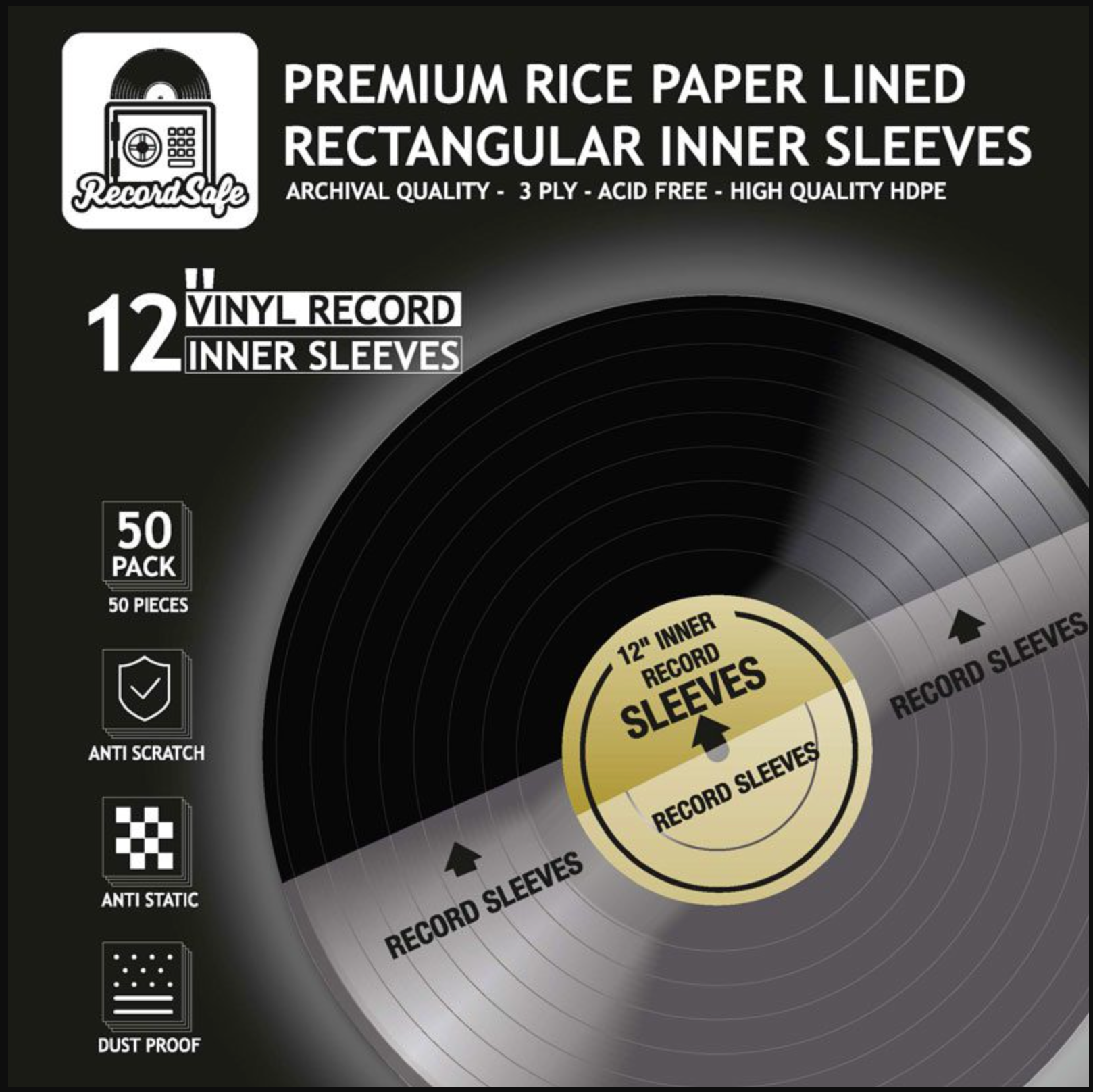12" VINYL PREMIUM RICE PAPER LINED RECTANGULAR INNER RECORD SLEEVES (5 ...
